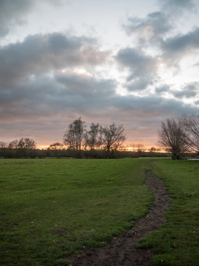 Path through Open Flat Plain Country Trees Sky Sunset Dramatic Stock ...