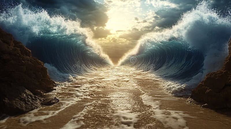 Path Opening in Ocean with Dramatic Waves Crashing, Golden Light ...