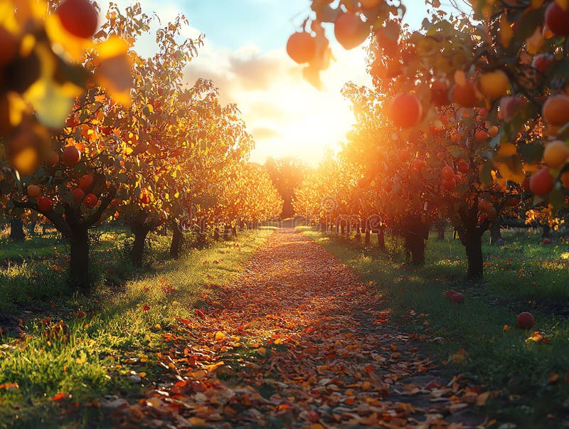 Vibrant Apple Orchard Path Autumn Sunlight Stock Photos - Free ...