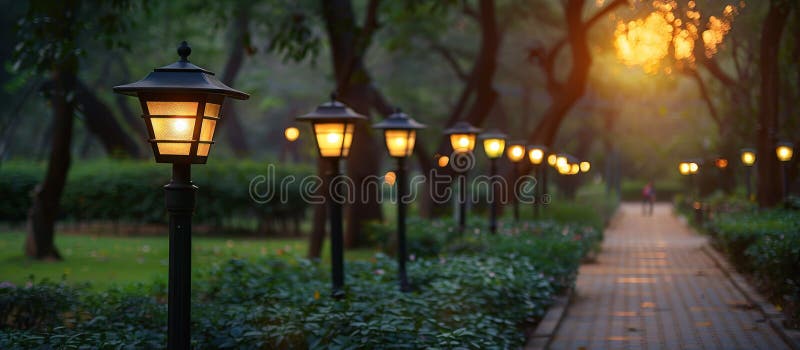 Illuminated Path in Park stock image. Image of trees - 313957211