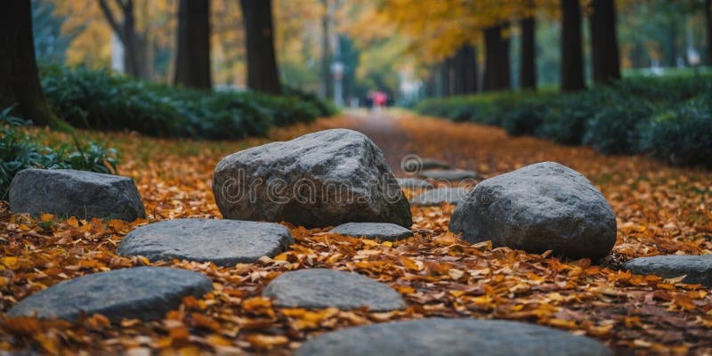 A Path in a Park is Lined with Three Large Rocks. Stock Illustration ...