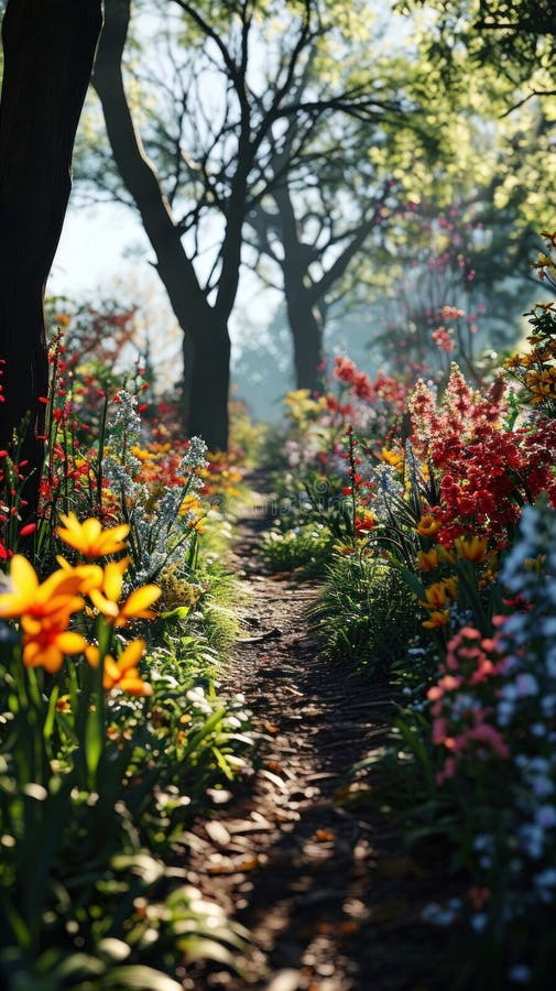Path in the Park among Spring Blooming Flowers on a Sunny Day. Vertical ...