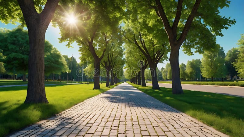 Path in the Park, Sunny Park Pathway Lined with Lush Trees Background ...