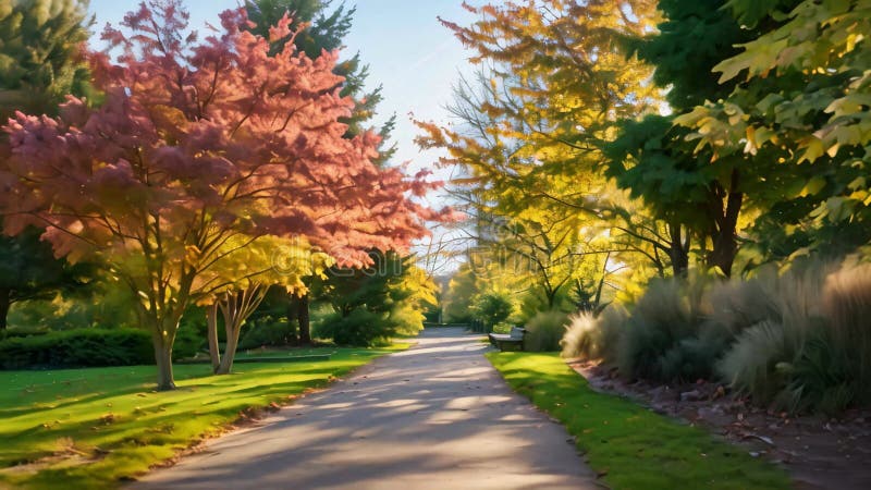 A Path in a Park Surrounded by Trees with Sunlight Filtering through ...