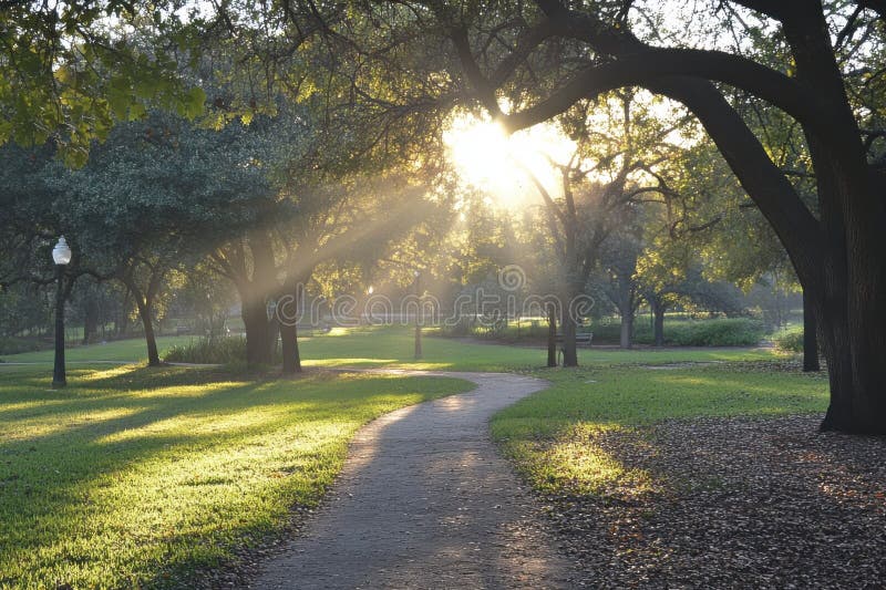 A Path in a Park with Trees and a Bench Stock Photo - Image of park ...