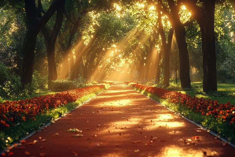 Path through a Park with Trees and Flowers Stock Image - Image of trees ...