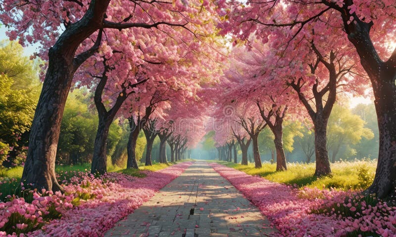 A Path with Pink Flowers on Either Side is Shown in this Image. Stock ...