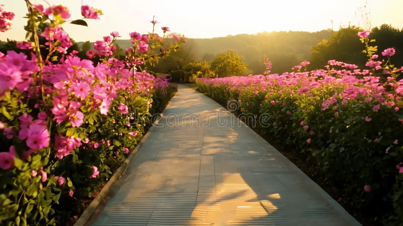 Path through Pink Flowers at Sunset in a Garden Stock Video - Video of ...