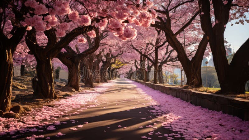 A Path with Pink Flowers on Trees. Generative AI. Stock Illustration ...