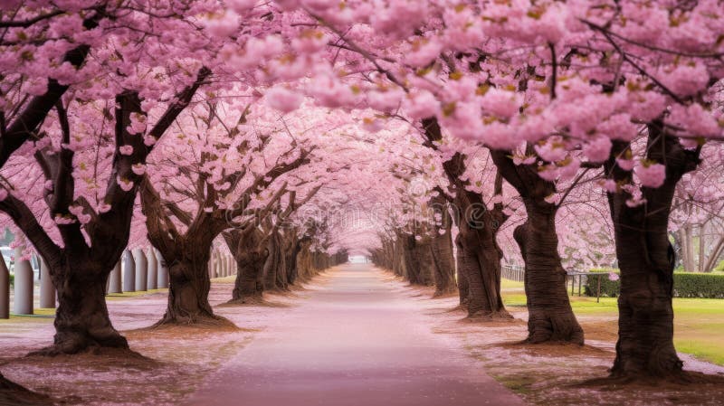 A path with pink trees stock illustration. Illustration of foliage ...