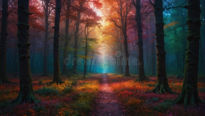 Path in Psychedelic Forest Where Trees Shimmer with Iridescent Hues and ...