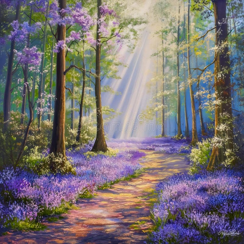 Path through Purple Forest in the Morning Sun, Illustration Stock Photo ...
