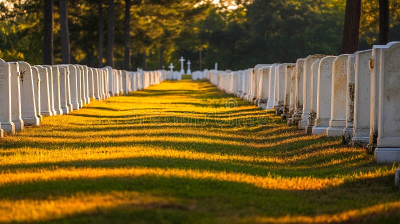 Path of Remembrance at a Serene Cemetery during Golden Hour Stock ...
