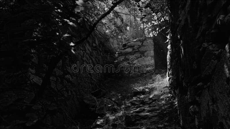 A Path through the Ruins stock illustration. Illustration of grayscale ...