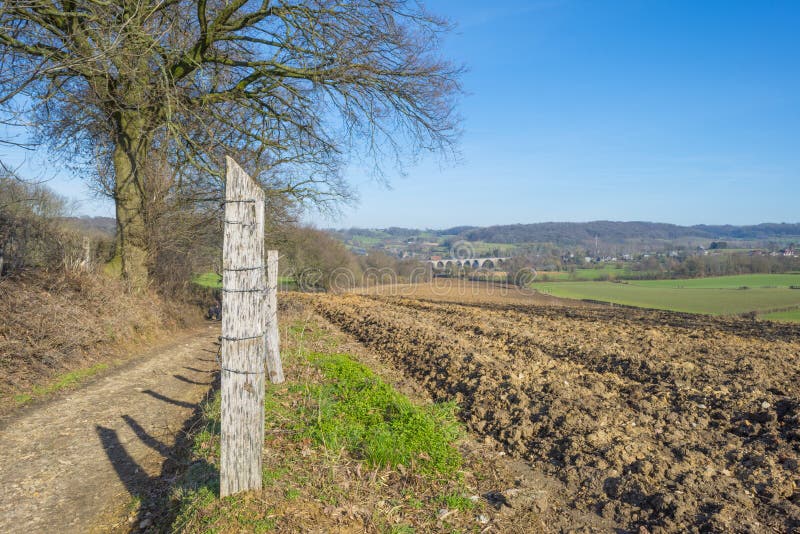 Path in a Rural Hilly Landscape with Trees Below a Blue Sky in Sunlight ...