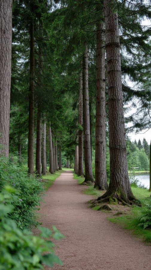 Path through a Serene Forest Lined with Towering Evergreen Trees and ...