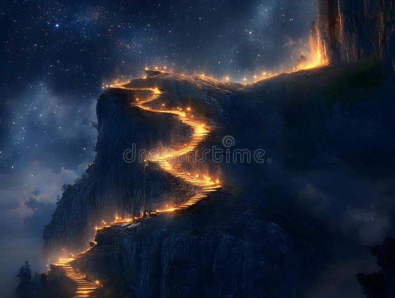 A Path of Shining Stars Winding Along a High Cliff Stock Illustration ...