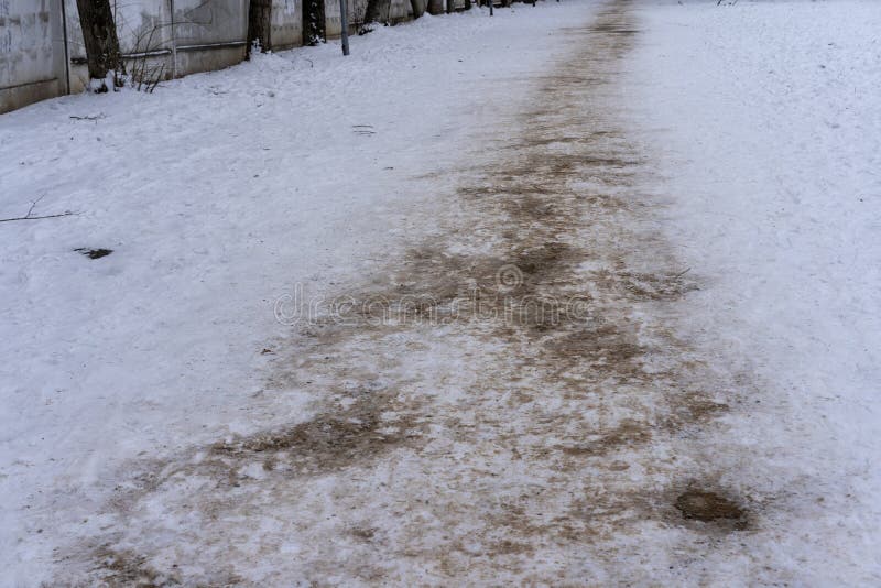 The Path in the Snow Covered with Sand Stock Image - Image of sidewalk ...
