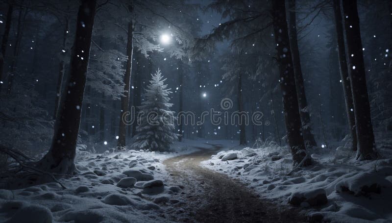 A Path through a Snowy Forest at Night Stock Illustration ...