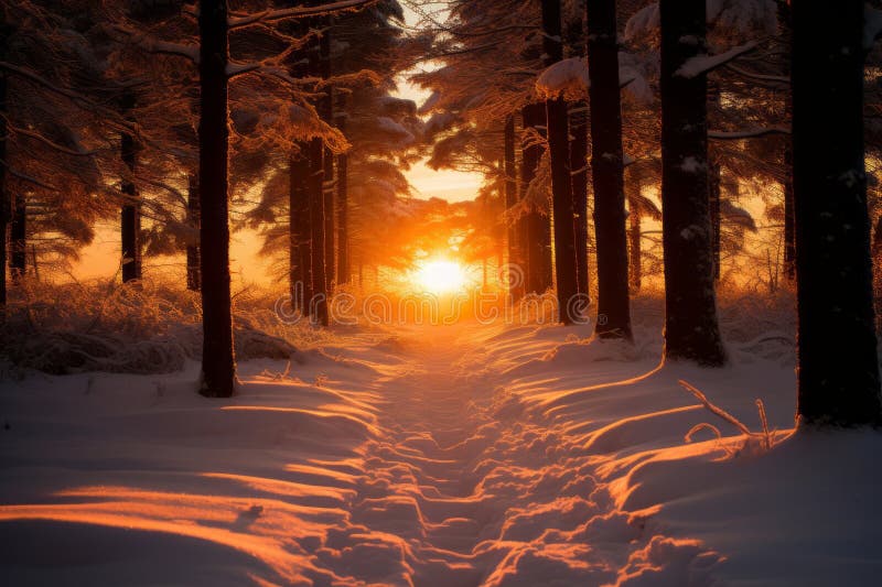 A Path through a Snowy Forest with the Sun Setting Behind it Stock ...