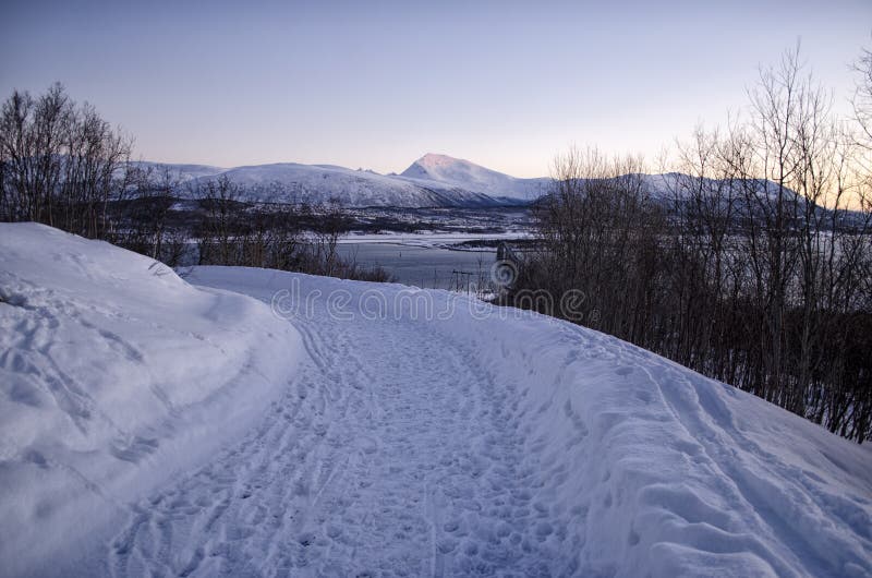 Path through Snowy Mountain at Dusk Stock Image - Image of hike ...