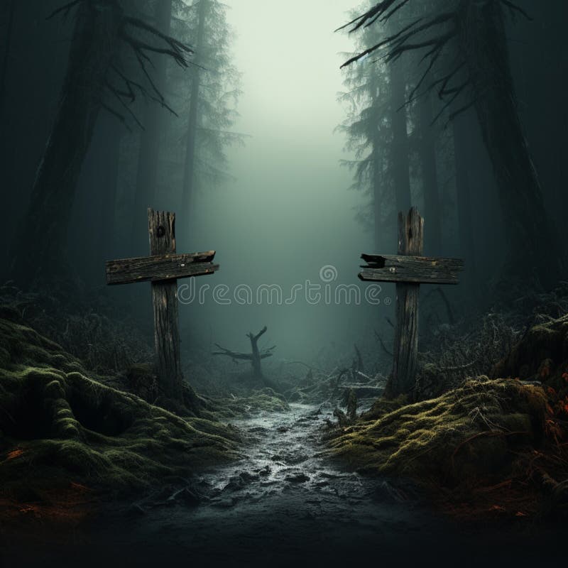 Path Splitting into Two in a Foggy Forest, 3D Rendering Stock ...