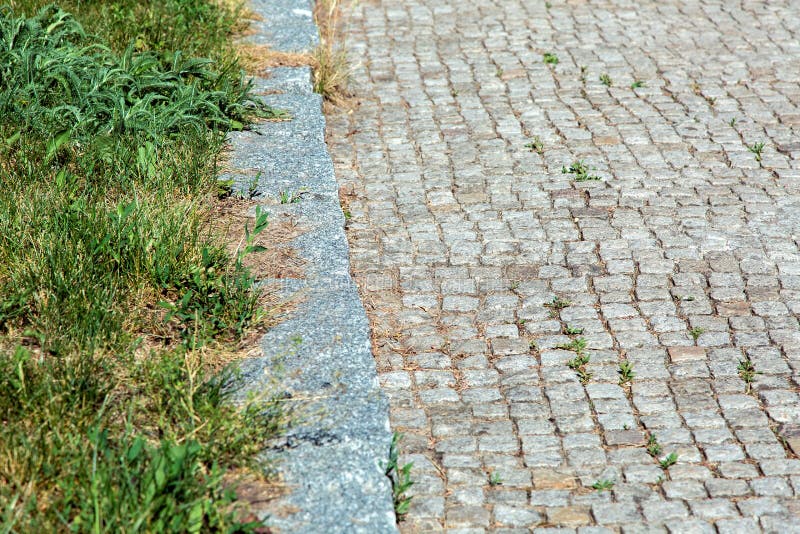 Path of Square Stone Tiles with a Curb. Stock Image - Image of grey ...