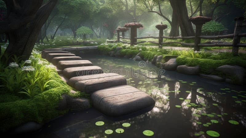 A Path of Stepping Stones in a Garden with Lily Pads Stock Illustration ...