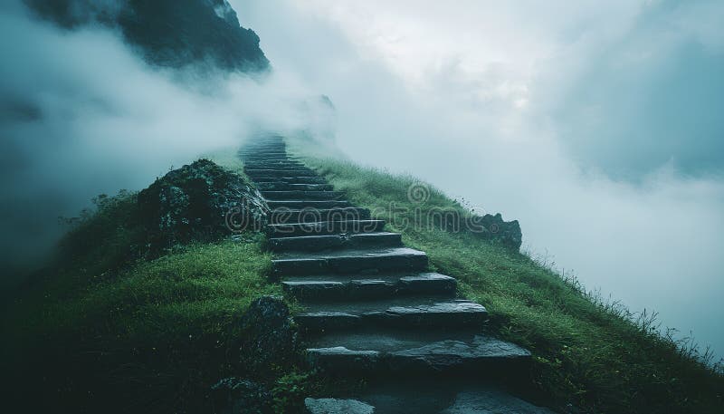 A Path of Stone Steps Disappearing into a Cloud-covered Mountain ...