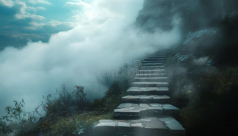 A Path of Stone Steps Disappearing into a Cloud-covered Mountain ...