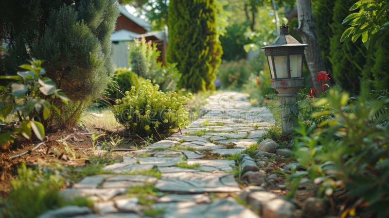 Path with Stone Walkway and Lamp Post Stock Photo - Image of park ...