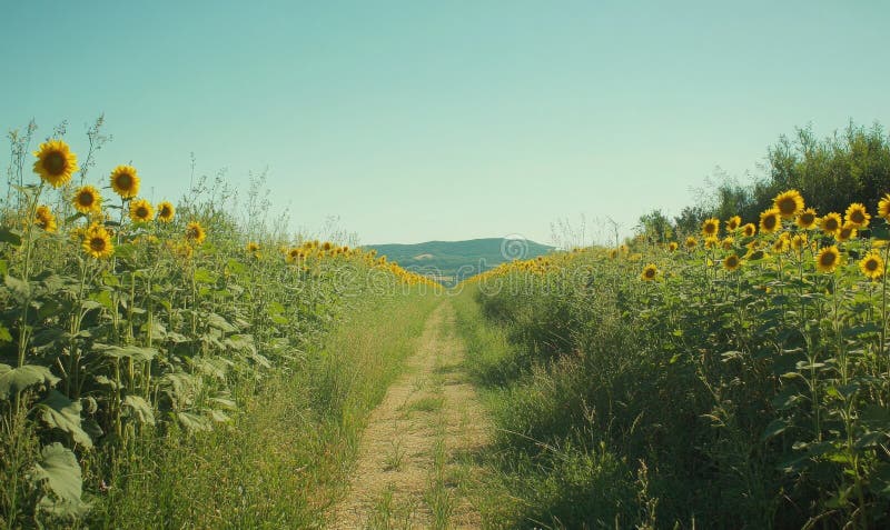Path through Sunflower Field, Tall Blooms on Both Sides Stock Photo ...