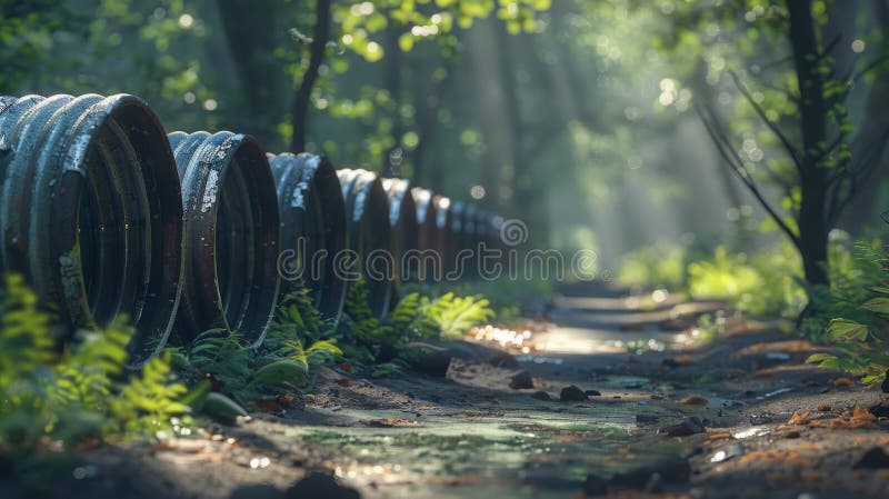 Path in a Sunlit Forest with Metallic Pipes Along the Side. Stock Image ...