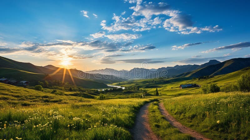 A Path at Sunset in a Meadow with Flowers in Wide Angle Image Stock ...