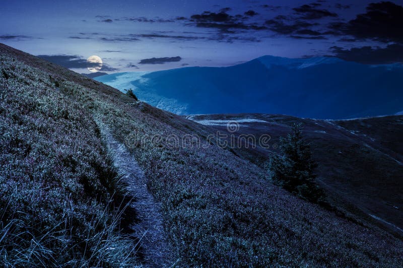 Path Though Mountain Hills and Ridge at Night Stock Photo - Image of ...