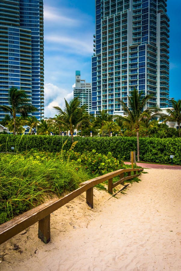 Path To the Beach and Highrises in South Beach, Miami, Florida. Stock ...