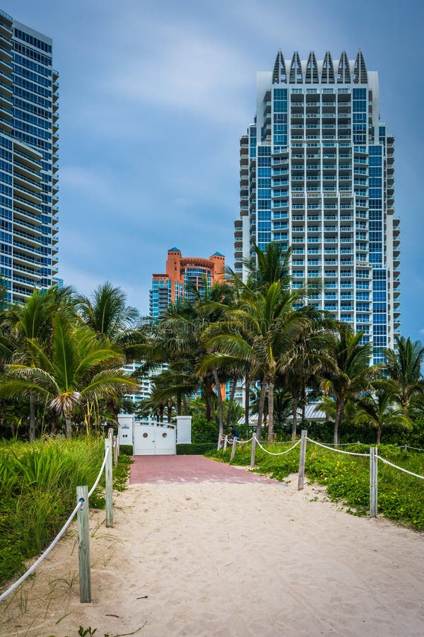 Path To the Beach and Highrises in South Beach, Miami, Florida. Stock ...