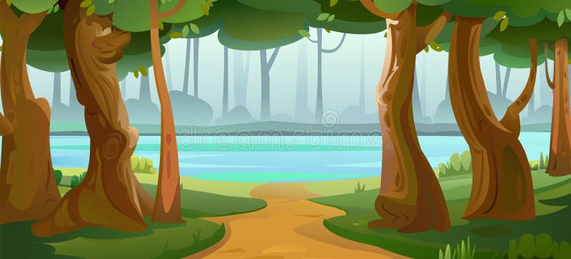 Path To River in Forest. View of Trees. Scenery Landscape. Fun Cartoon ...