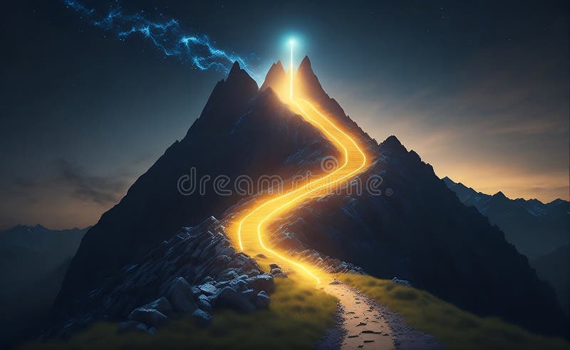 Path To Success Concept, with Glowing Light Path Going Up the Mountain ...
