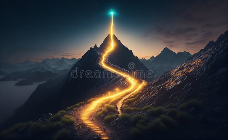 Path To Success Concept, with Glowing Light Path Going Up the Mountain ...