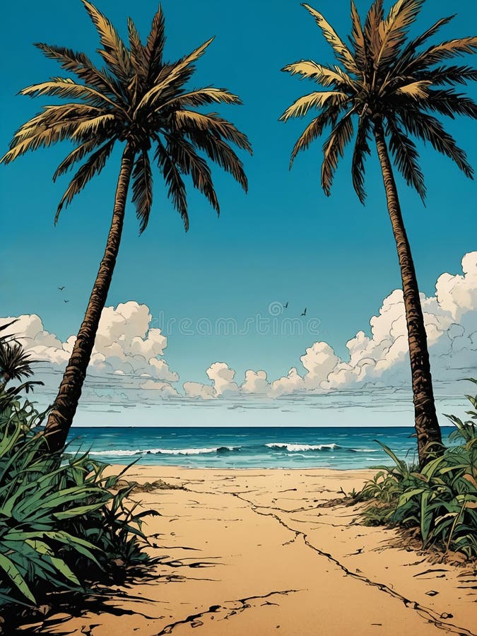 Path To Tropical Sandy Beach with Palm Trees Comic Book Style ...