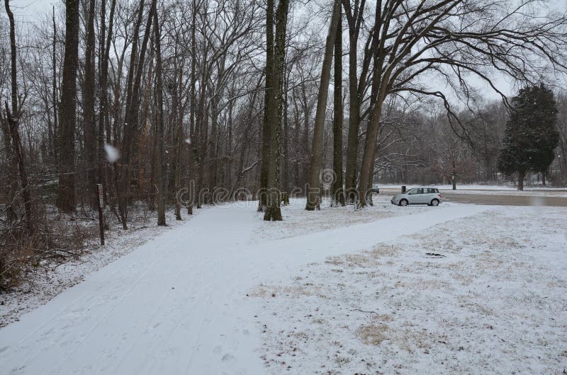 Path or Trail with Snow and Grey Car and Trees Stock Image - Image of ...