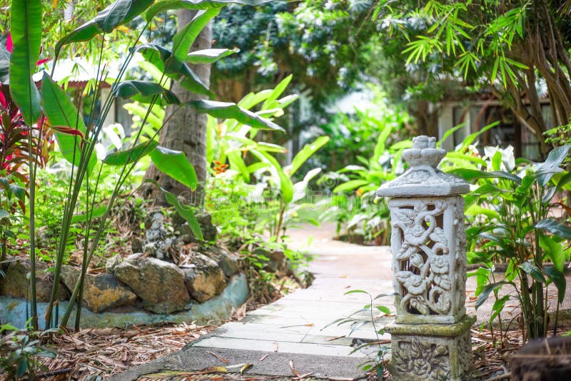 Path in a Tropical Park. Tropical Plants and Decorative Elements ...