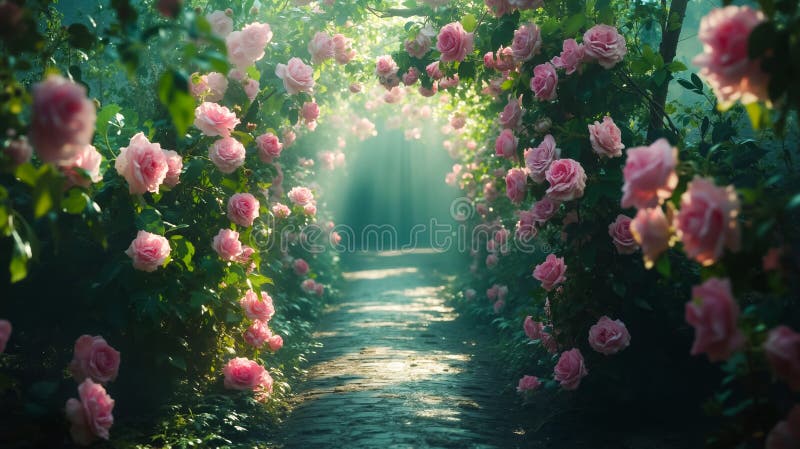 A Path through a Tunnel of Pink Roses in the Middle of a Forest Stock ...