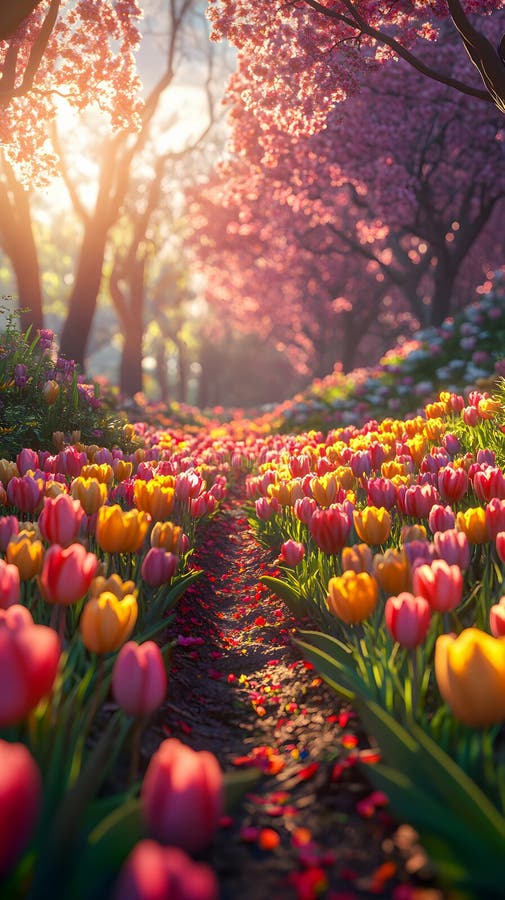 Path through Vibrant Tulip Garden Under Blooming Cherry Trees at Stock ...