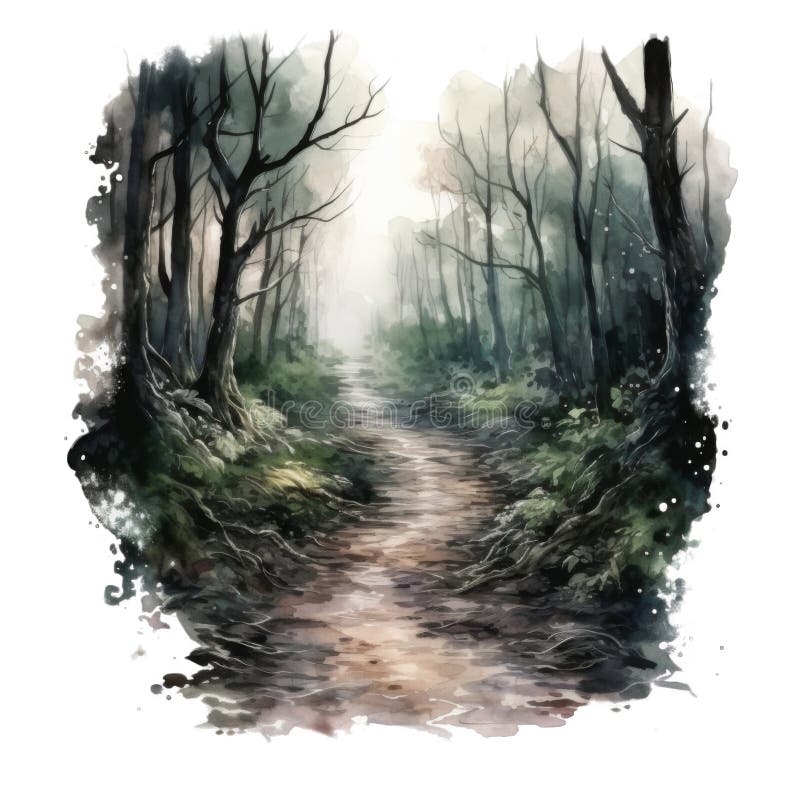 A Path through a Watercolor Forest Stock Image - Illustration of ...