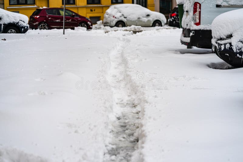 Path Way Made by People Walking Thru the Snow in the Morning. Path in ...