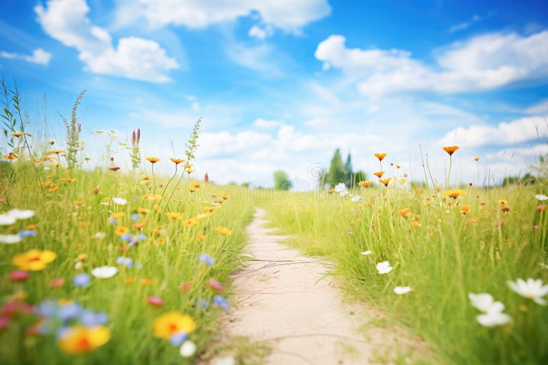 Path through Wildflower Meadow Under Sunny Skies Stock Photo - Image of ...