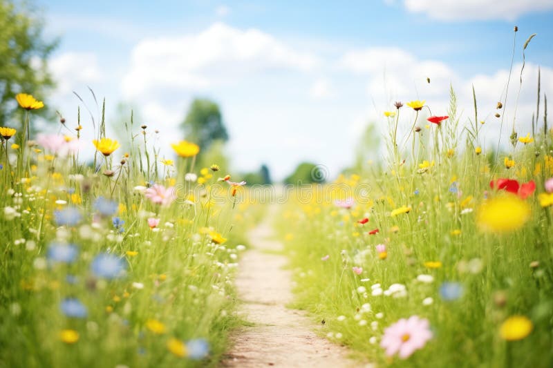 Path through Wildflower Meadow Under Sunny Skies Stock Photo - Image of ...