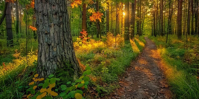 A Path Winding through a Forest with Tall Trees and Fallen Leaves Stock ...